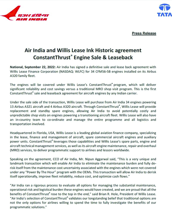 Air India inks historic agreement ‘ConstantThrust‘ with Willis Lease ...